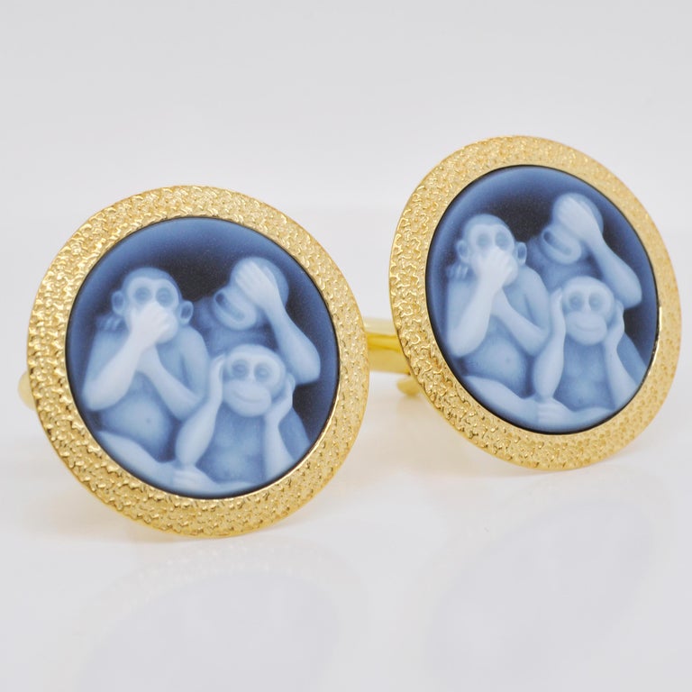 Hand-Carved Three Wise Monkey Agate Cameo Sterling Silver Gold Polish ...