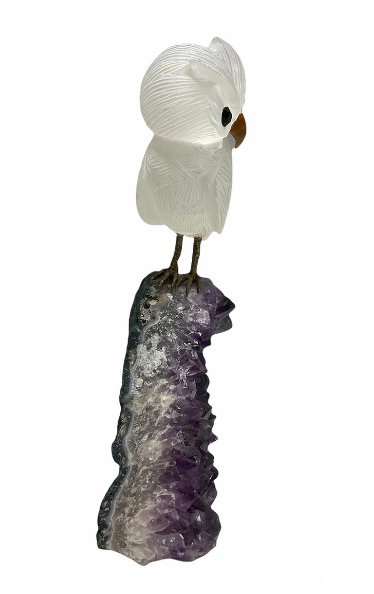 Hand Carved White Gemstone Owl Sculpture For Sale at 1stDibs