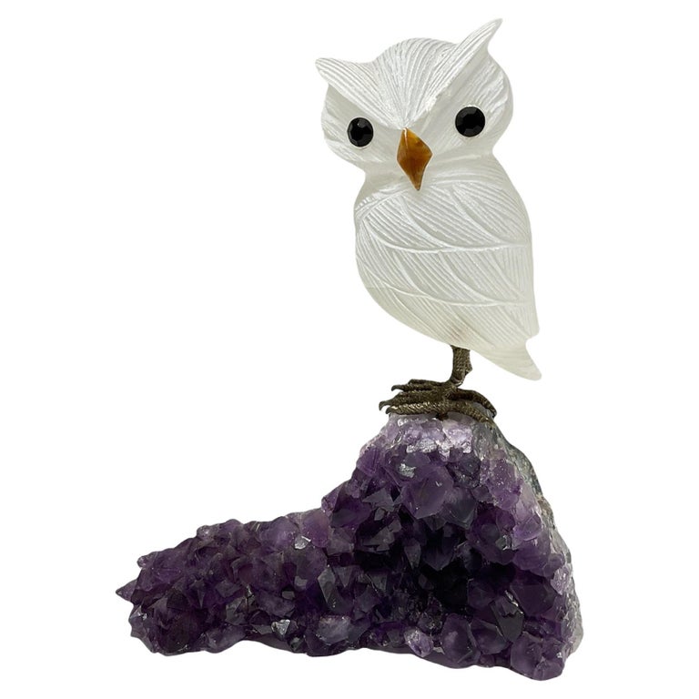 Hand Carved White Gemstone Owl Sculpture For Sale at 1stDibs