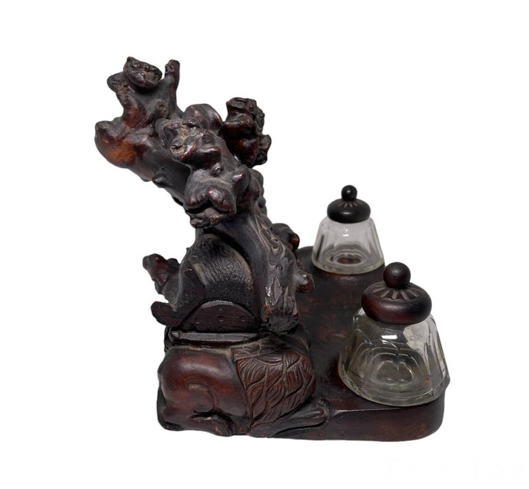 Hand Carved Wood and Glass Double Inkwells For Sale at 1stDibs