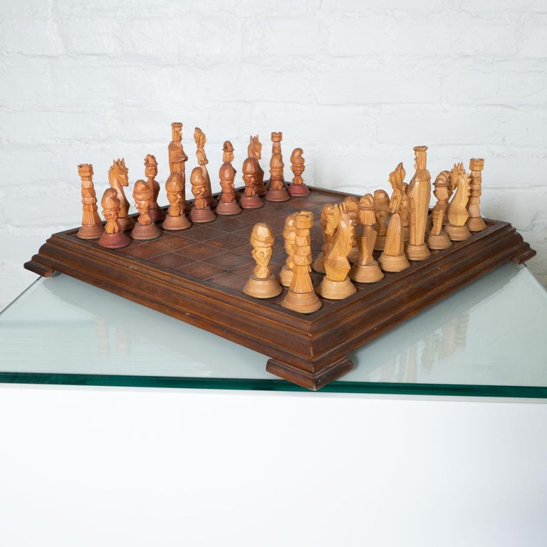 Hand Carved Wood and Leather Chess Set For Sale at 1stDibs