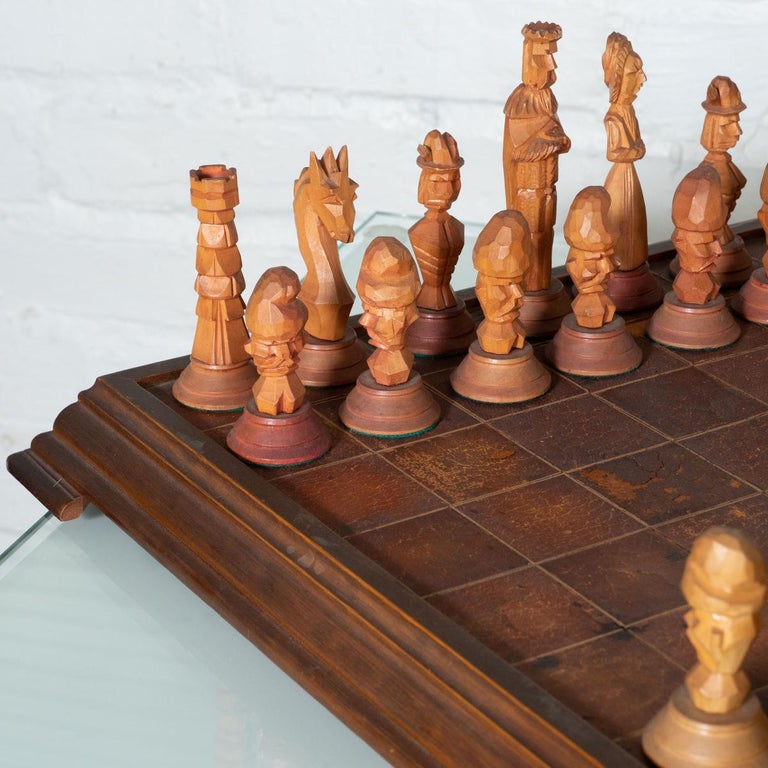 Hand Carved Wood and Leather Chess Set For Sale at 1stDibs