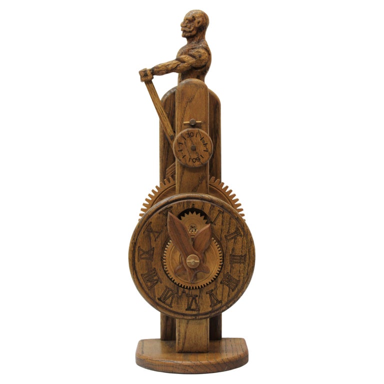 Hand Carved Wood Clock w/ Wooden Gears at 1stDibs