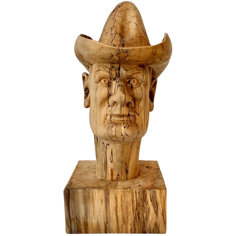 Hand Carved Wood Cowboy Bust For Sale at 1stDibs