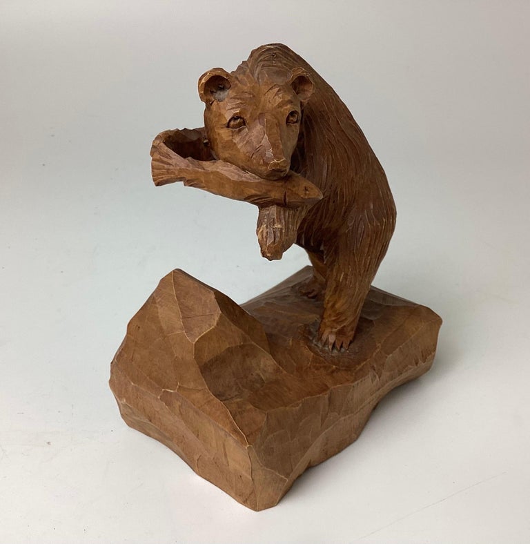 Hand Carved Wood Hunting Bear with Fish Sculpture by Denys Heppell For ...