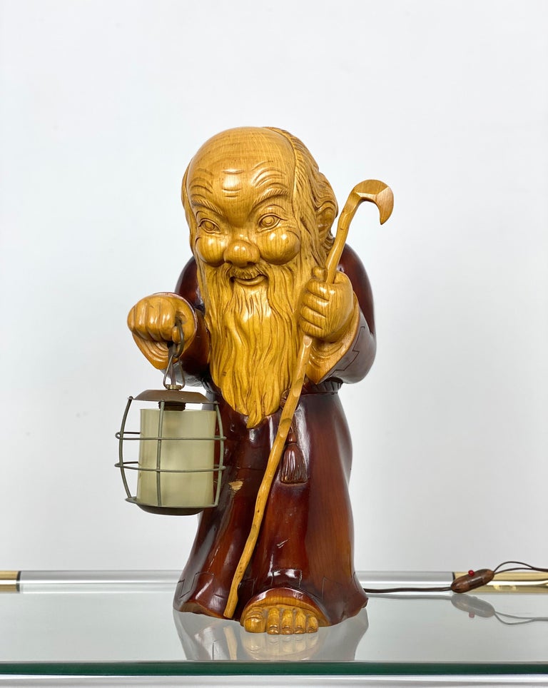 Hand Carved Wood Monk Table Lamp by Aldo Tura for Macabo, Italy, 1950s ...