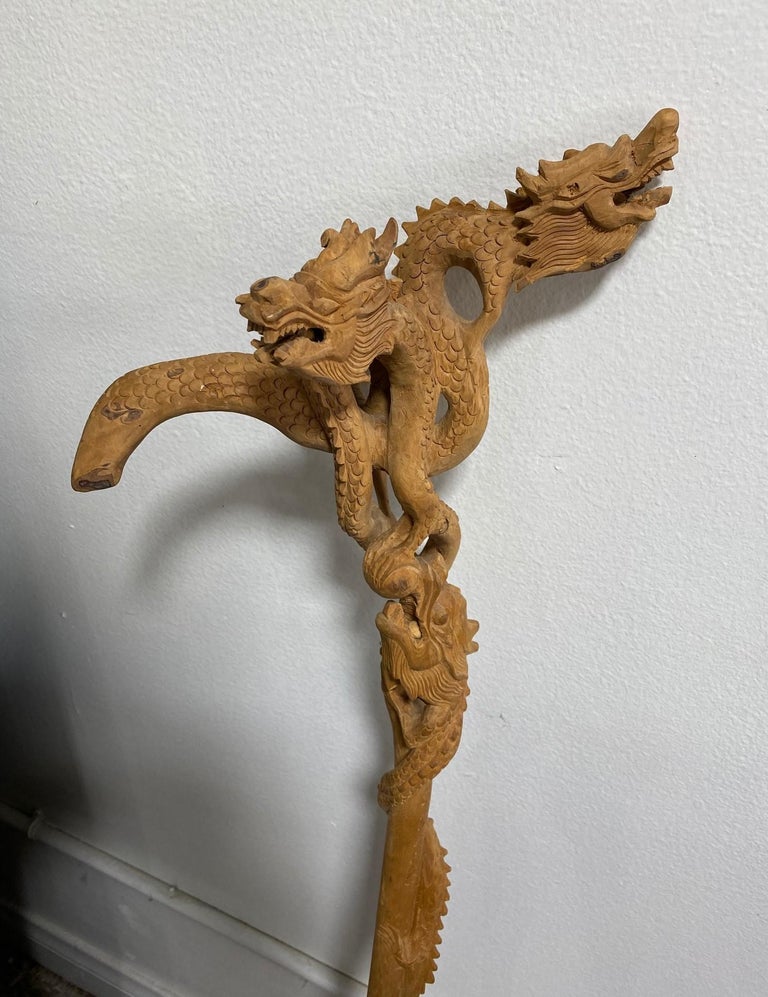 Hand Carved Wood Multi Dragon Head Asian Chinese Walking Cane Stick For ...