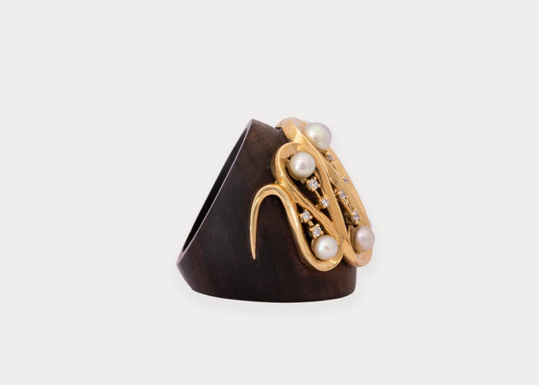 Hand-Carved Wood Ring Encrusted w 18k Yellow Gold, Diamonds and ...