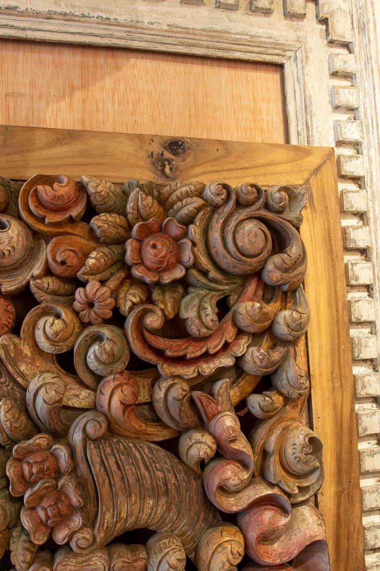 Hand-Carved Wooden Relief with Framed Flower and Leaf Decoration For ...