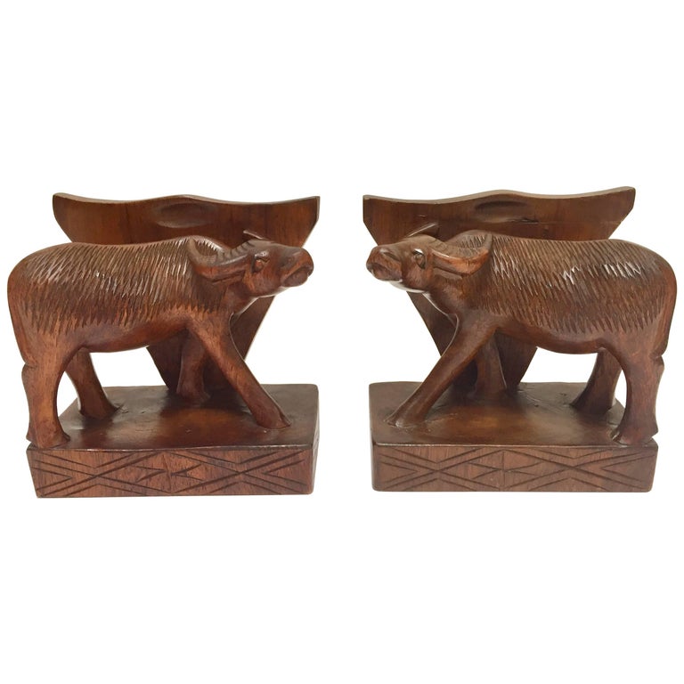Hand-Carved Wooden Sculpture of African Buffalo Bookends at 1stDibs ...