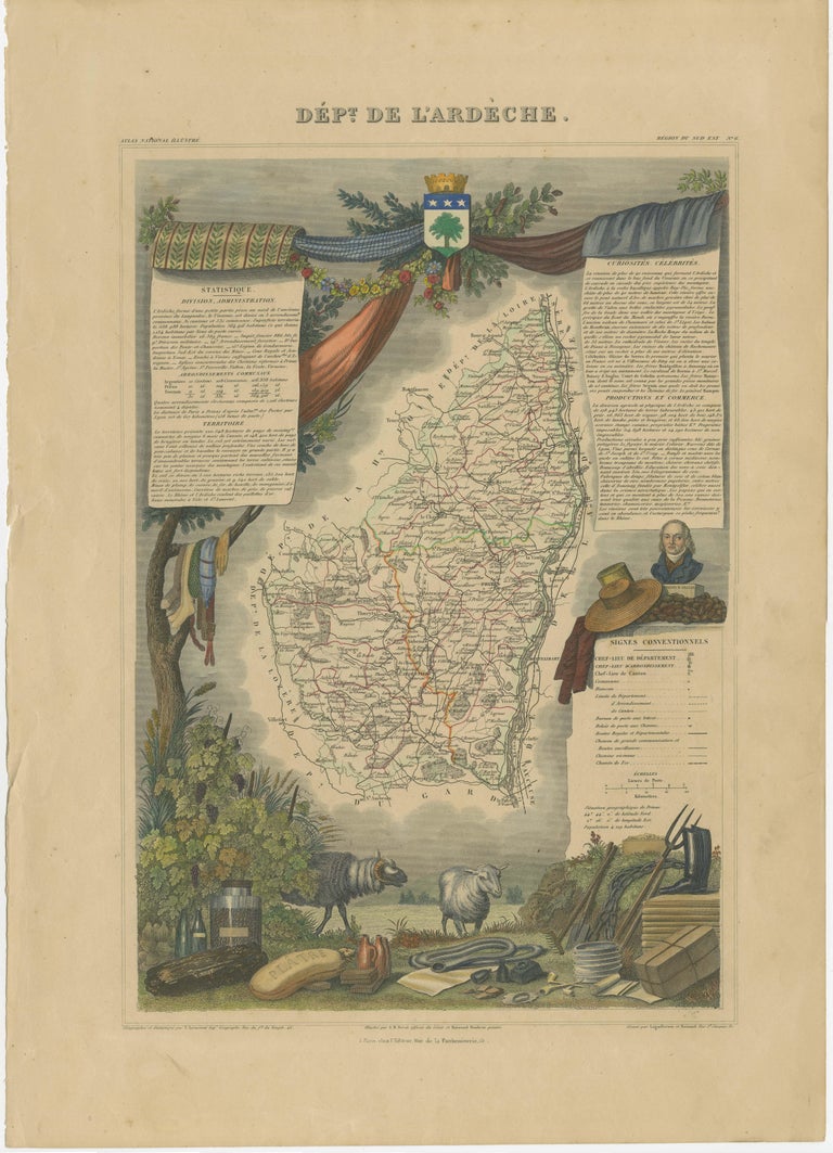 Hand Colored Antique Map of the Department of Ardèche, France For Sale ...