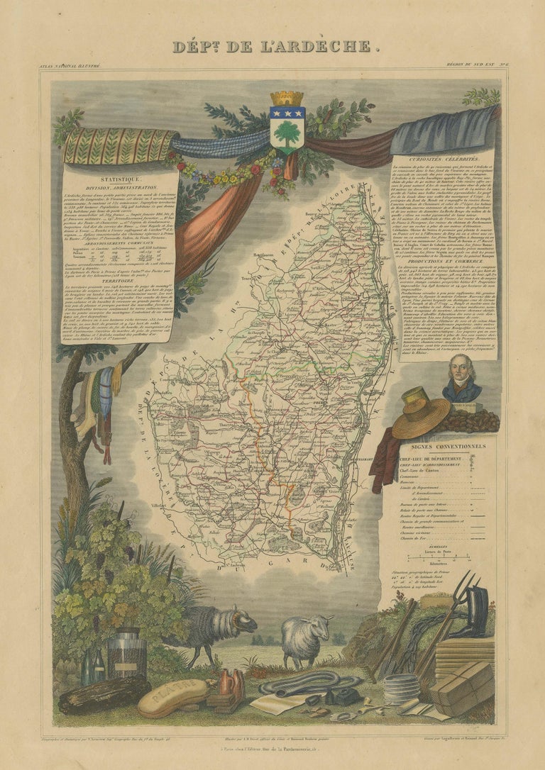Hand Colored Antique Map of the Department of Ardèche, France For Sale ...