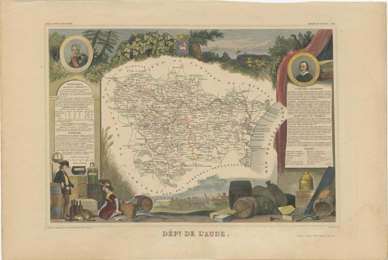 Hand Colored Antique Map of the Department of Aude, France For Sale at ...