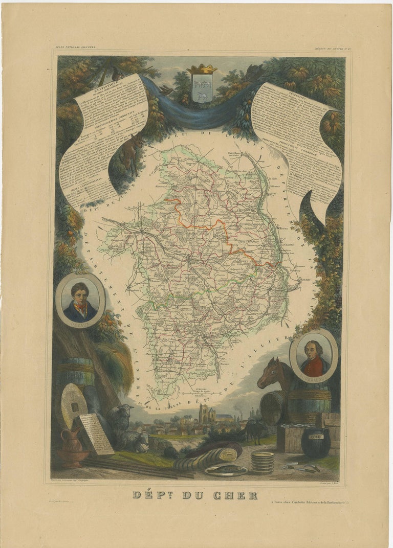 Hand Colored Antique Map of the Department of Cher, France For Sale at ...