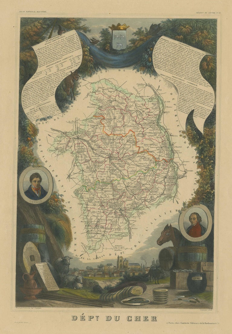 Hand Colored Antique Map of the Department of Cher, France For Sale at ...