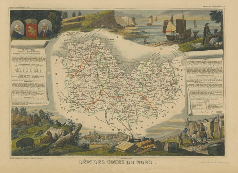 Hand Colored Antique Map of the department of Cotes du Nord, Brittany ...