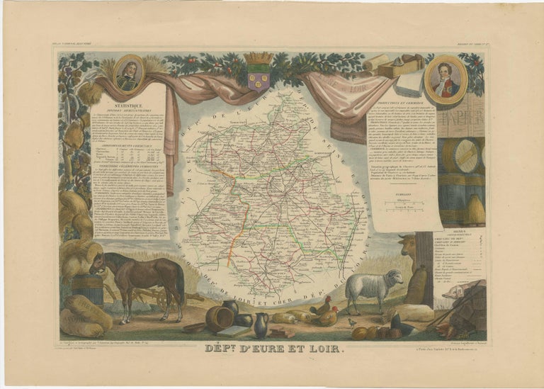 Hand Colored Antique Map of the Department of Eure-et-loir, France For ...