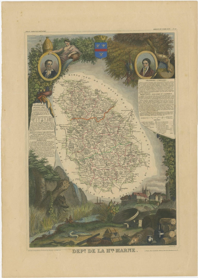 Hand Colored Antique Map of the Department of Haute Marne, France For ...