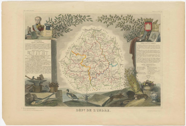 Hand Colored Antique Map of the Department of Indre, France For Sale at ...