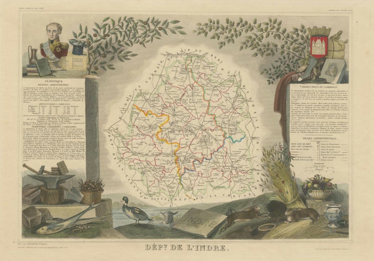 Hand Colored Antique Map of the Department of Indre, France For Sale at ...