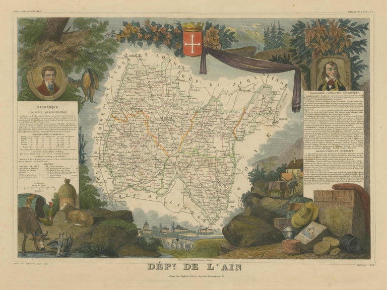 Hand Colored Antique Map of the Department of L'ain, France For Sale at ...