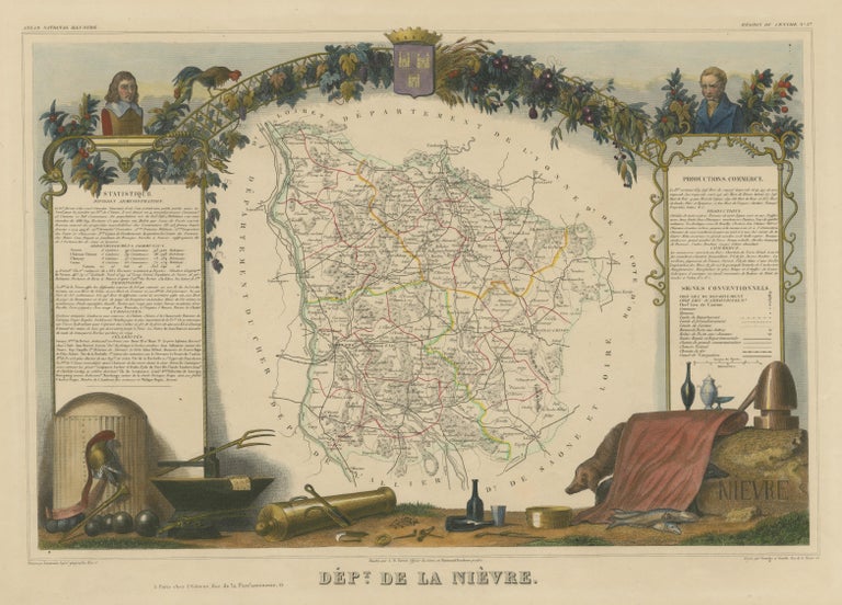 Hand Colored Antique Map of the Department of Nièvre, France For Sale ...