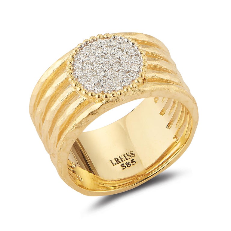 Handcrafted 14 Karat Yellow Gold Cut-Out Ring with a Pave Oval Motif ...