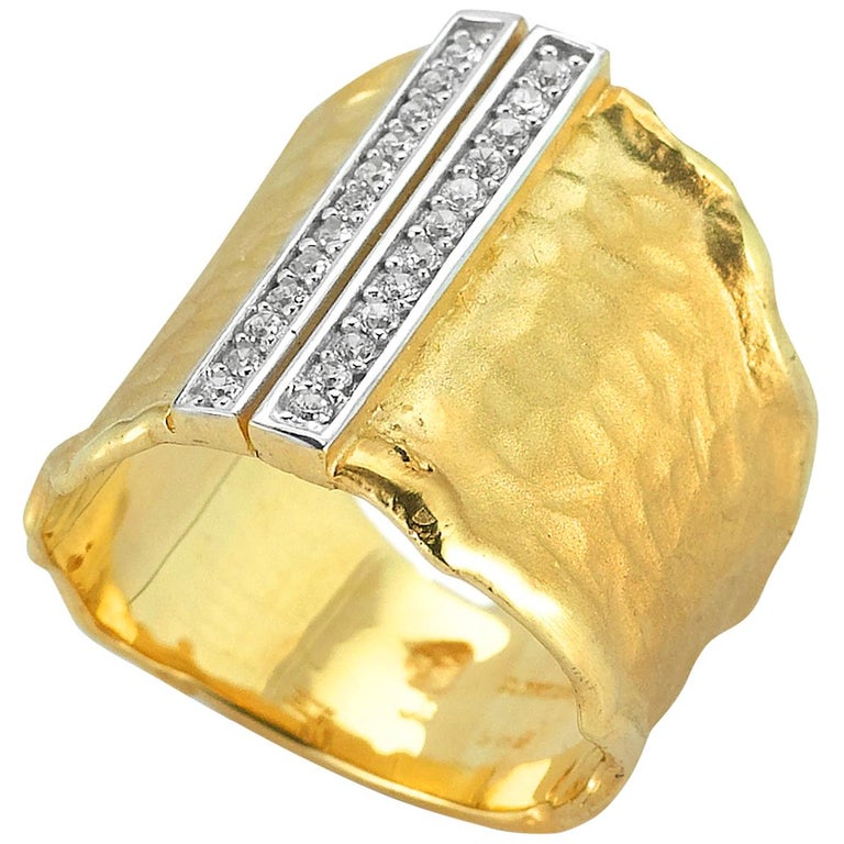Handcrafted 14 Karat Yellow Gold Hammered Cigar Ring at 1stDibs