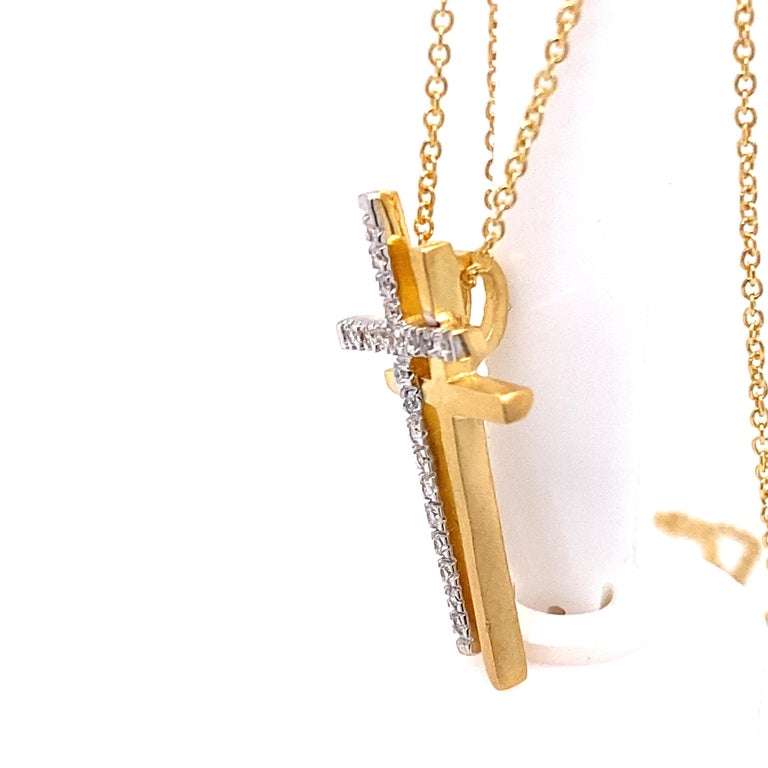 Hand-Crafted 14K Yellow Gold Double Cross Gold and Diamond Pendant For ...