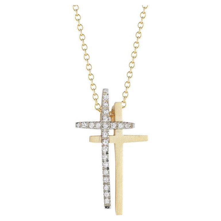 Hand-Crafted 14K Yellow Gold Double Cross Gold and Diamond Pendant For ...