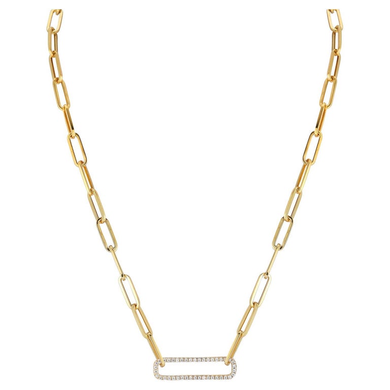 Hand-Crafted 14K Yellow Gold Open Link Diamond Rectangle Necklace For ...