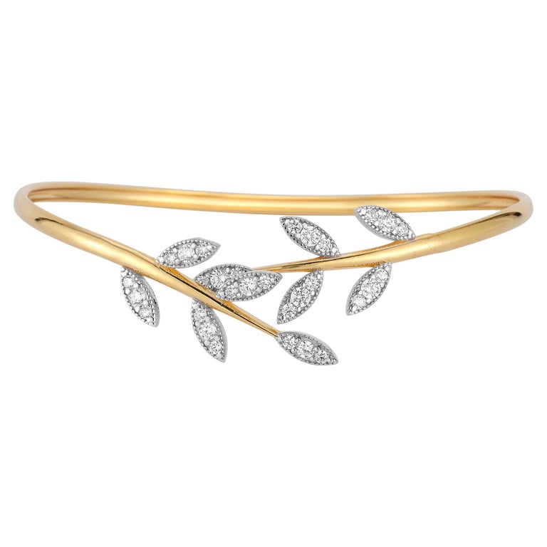 Hand-Crafted 14K Yellow Gold Vine Leaf Bangle Bracelet For Sale at 1stDibs