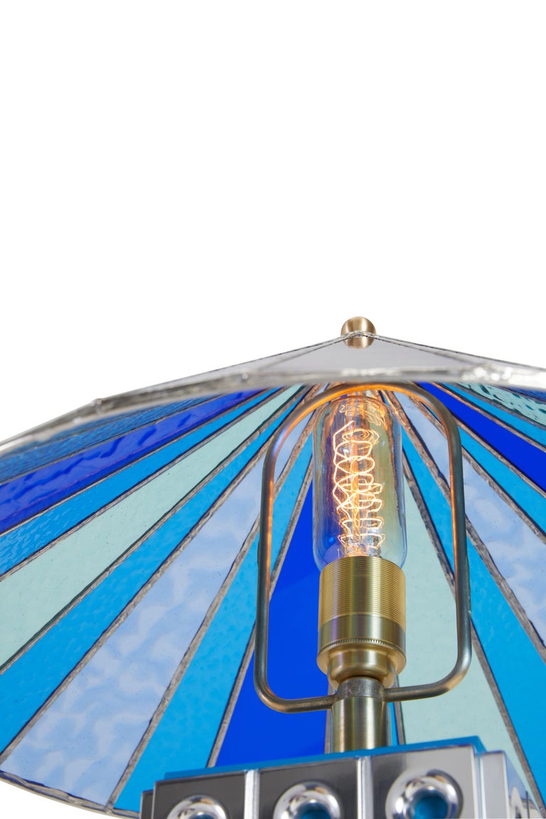Hand-Crafted, Polished Aluminum and Blue Stained Glass Table Lamp For ...