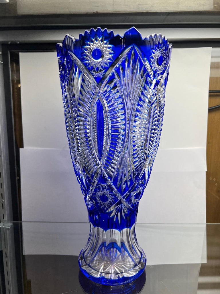 Hand Cut Lead Crystal Cobalt Blue Vase by Caesar Crystal Bohemiae Co ...