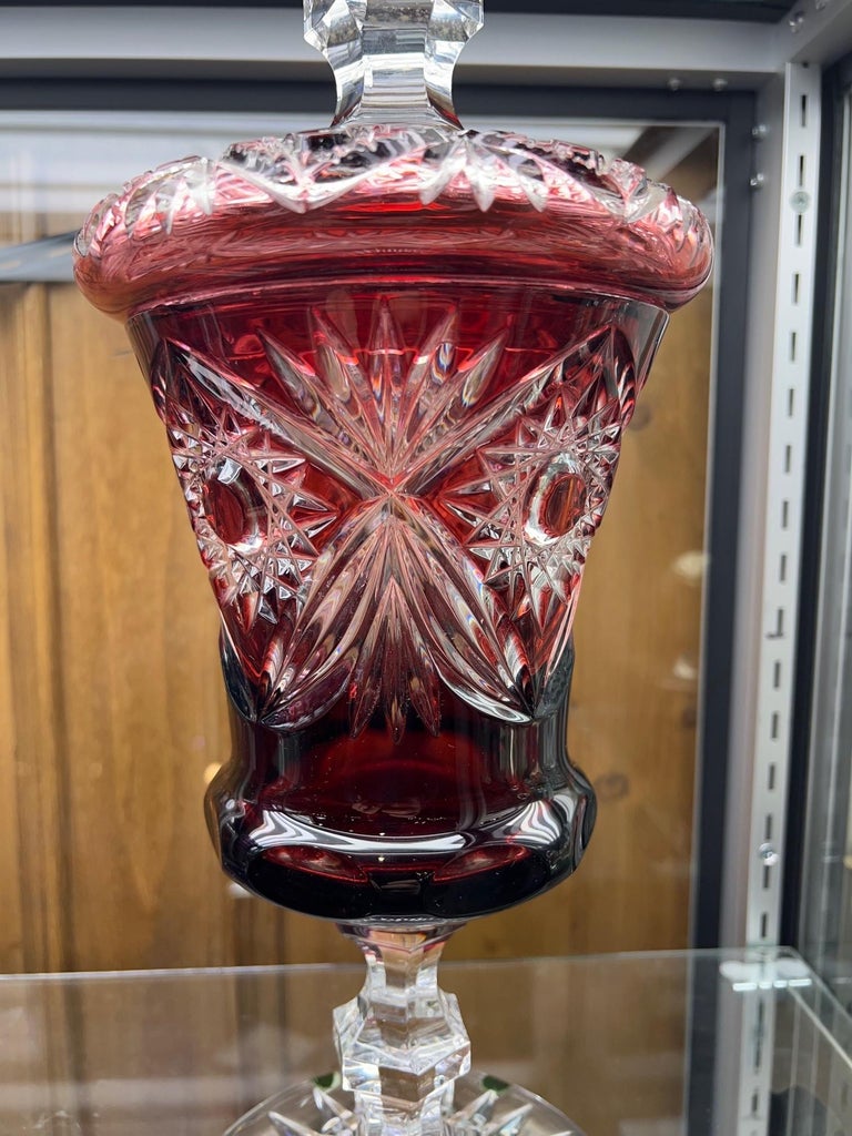 Hand Cut Lead Crystal Tall Urn, Dish on Pedestal by Caesar Crystal ...