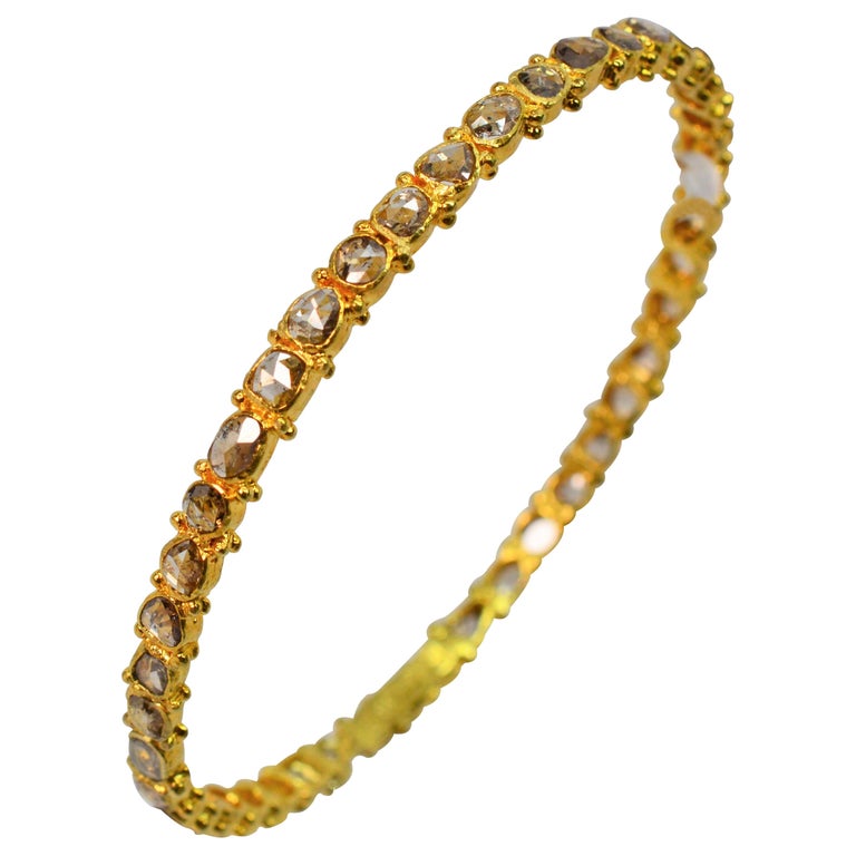 Hand Cut Natural Diamond Yellow Gold Bangle Bracelet For Sale at 1stDibs