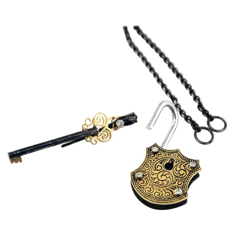 Hand Engraved Working Lock and Key Pendant 18 Karat Gold and Organic ...