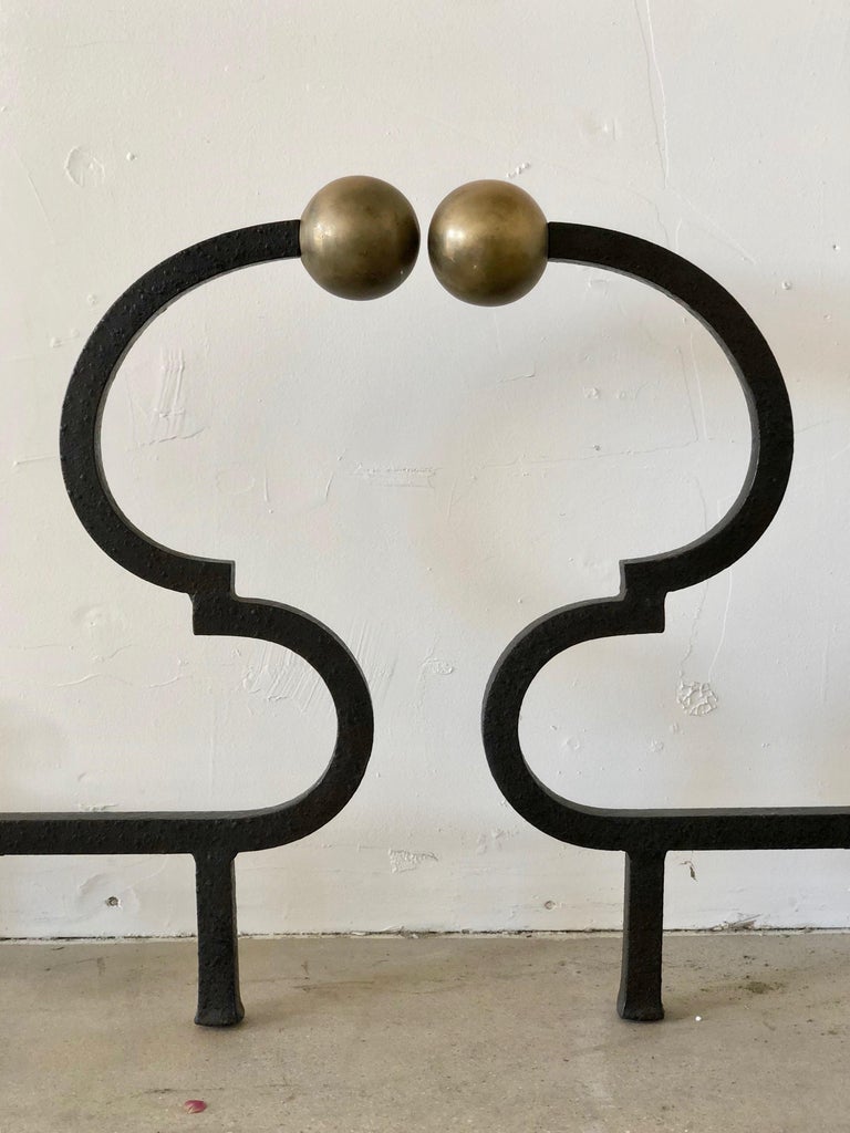 Hand Forged Large Black Iron and Brass Andirons For Sale at 1stDibs