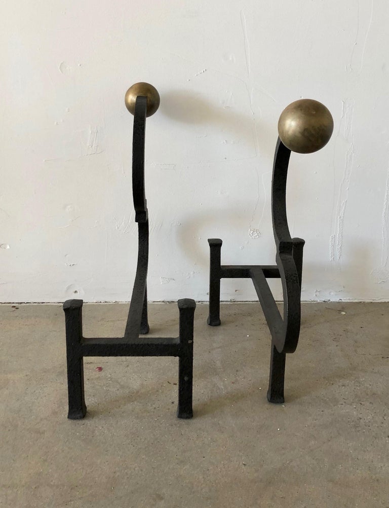 Hand Forged Large Black Iron and Brass Andirons For Sale at 1stDibs