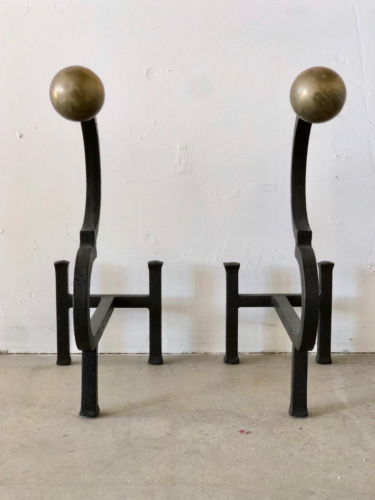 Hand Forged Large Black Iron and Brass Andirons For Sale at 1stDibs