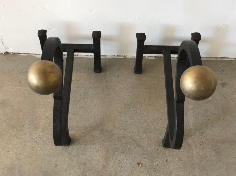 Hand Forged Large Black Iron and Brass Andirons For Sale at 1stDibs