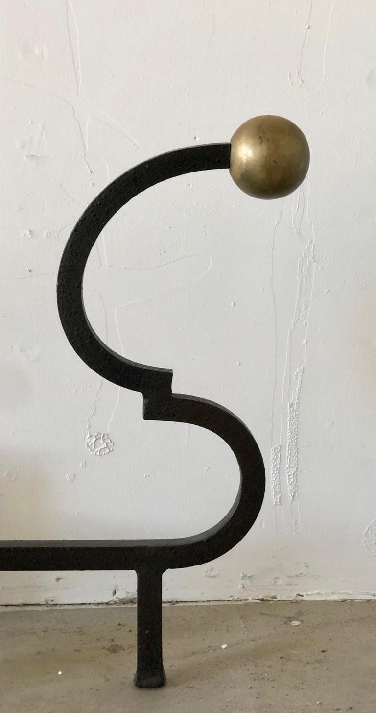 Hand Forged Large Black Iron and Brass Andirons For Sale at 1stDibs