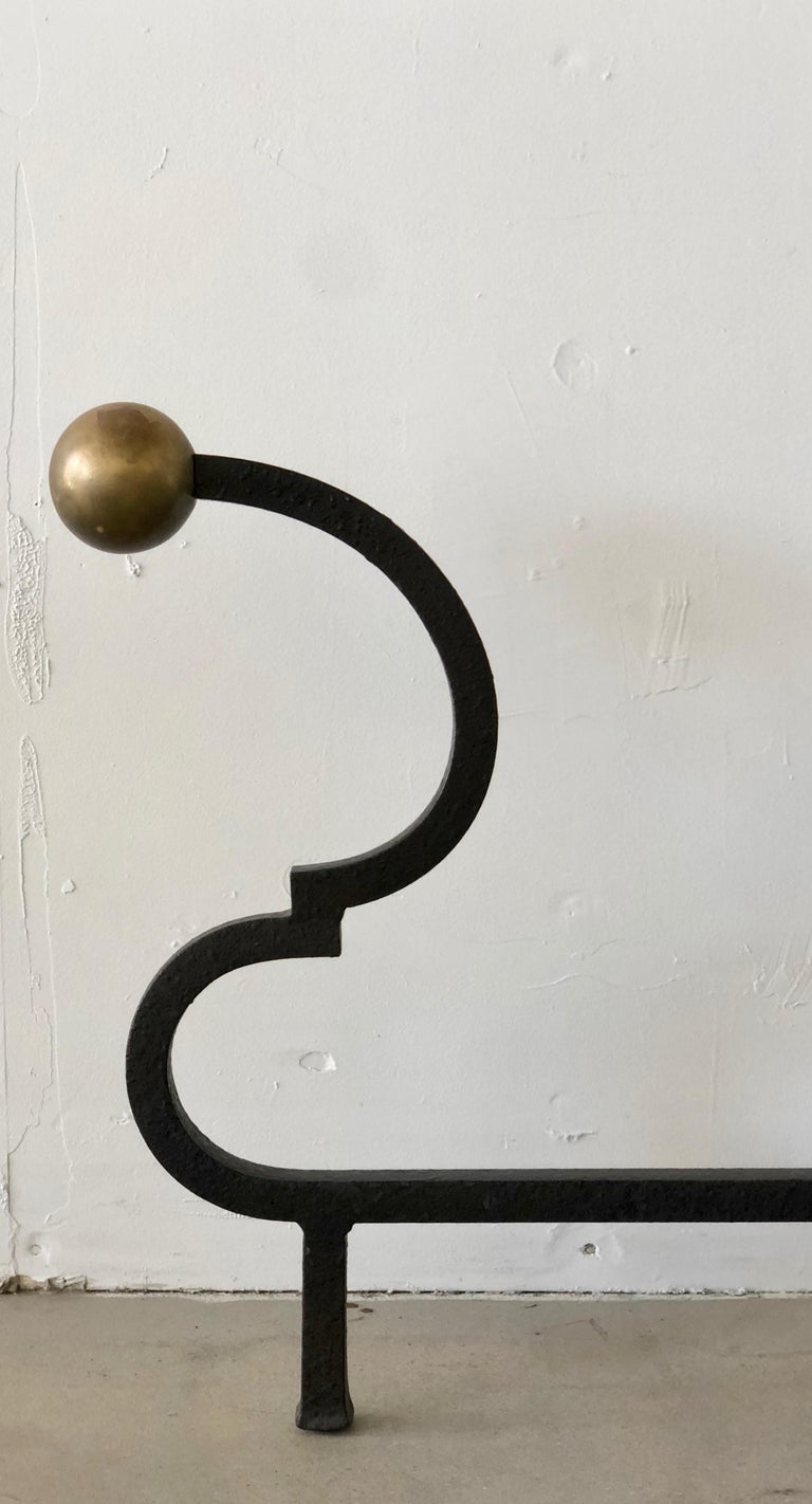 Hand Forged Large Black Iron and Brass Andirons For Sale at 1stDibs