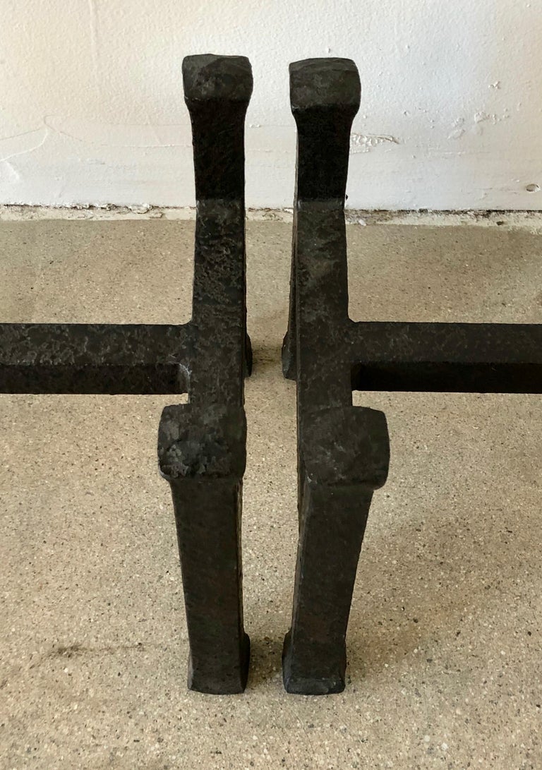 Hand Forged Large Black Iron and Brass Andirons For Sale at 1stDibs