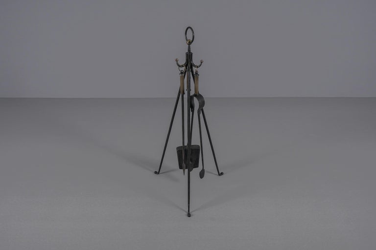 Hand Forged Tripod Iron and Brass Stand with Fireplace Tools, Austria ...