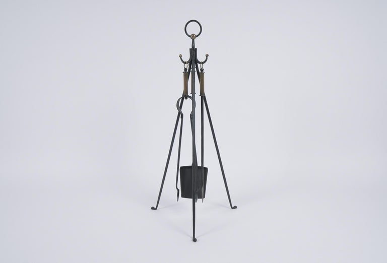 Hand Forged Tripod Iron and Brass Stand with Fireplace Tools, Austria ...