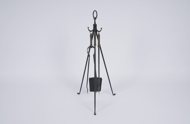 Hand Forged Tripod Iron and Brass Stand with Fireplace Tools, Austria ...