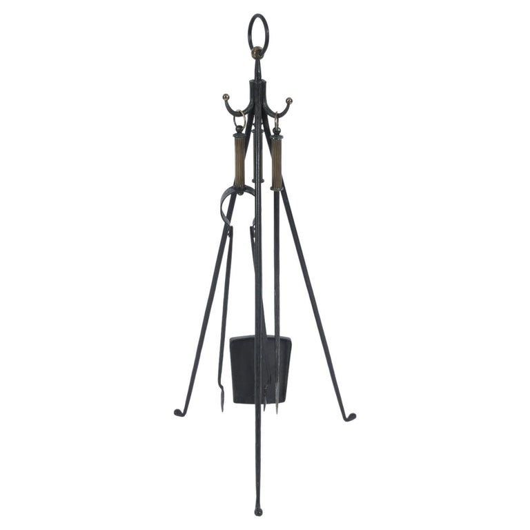Hand Forged Tripod Iron and Brass Stand with Fireplace Tools, Austria ...