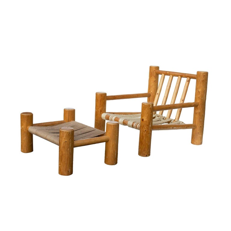Hand Hewn Pine Log Armchair and Ottoman For Sale at 1stDibs