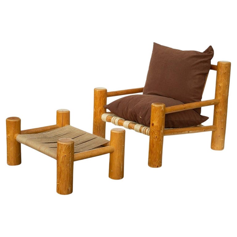 Hand Hewn Pine Log Armchair and Ottoman For Sale at 1stDibs